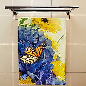 Hand Towels Face Towels Set of 2 Summer Yellow Blue Butterfly Flowers Soft Comfortable Polyester Microfiber Fast Water Absorbent Towels for Bathroom Kitchen 30X15 Inch