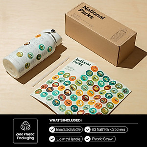 THE GEOPROJECT National Parks Water Bottle with Stickers Kit, Erikas Chesonis Collaboration, Adventure Flask with Straw, Waterproof Stickers for Water Bottle, Insulated Stainless Steel 32oz (Tan)