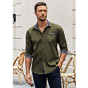 COOFANDY Men's Casual Button Down Shirts Plaid Collar Dress Shirt Army Green X-Large