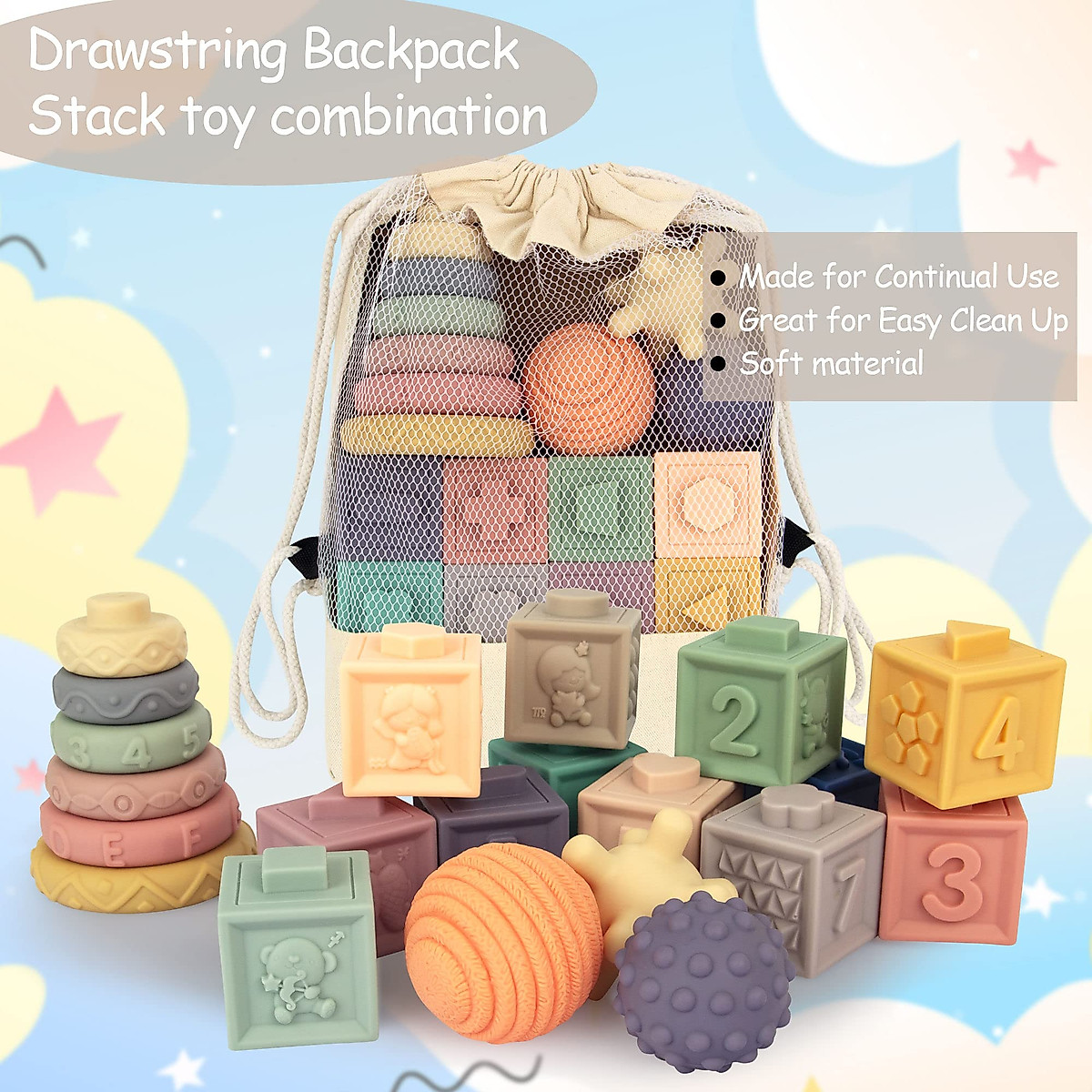 8PCS Montessori Toys for Babies,Teething Toys for Babies 0-6 Months 6-12 Months, Early Educational Learning Stacking Tower, Sensory Toys for Toddlers 1-3, Soft Rings Stacker & Teethers(mushroom)