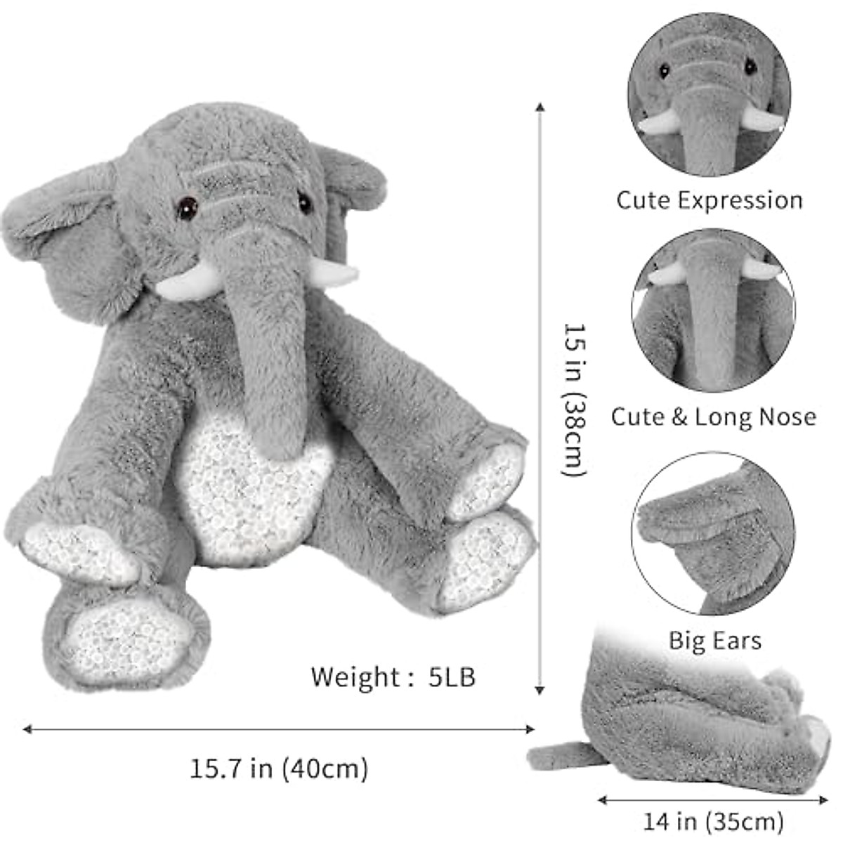 OurHonor Weighted Elephant Stuffed Animals, 5Lb Weighted Plush Giant 16in Elephant Throw Pillow Plushie for Boys, and Girls Christmas (Grey)