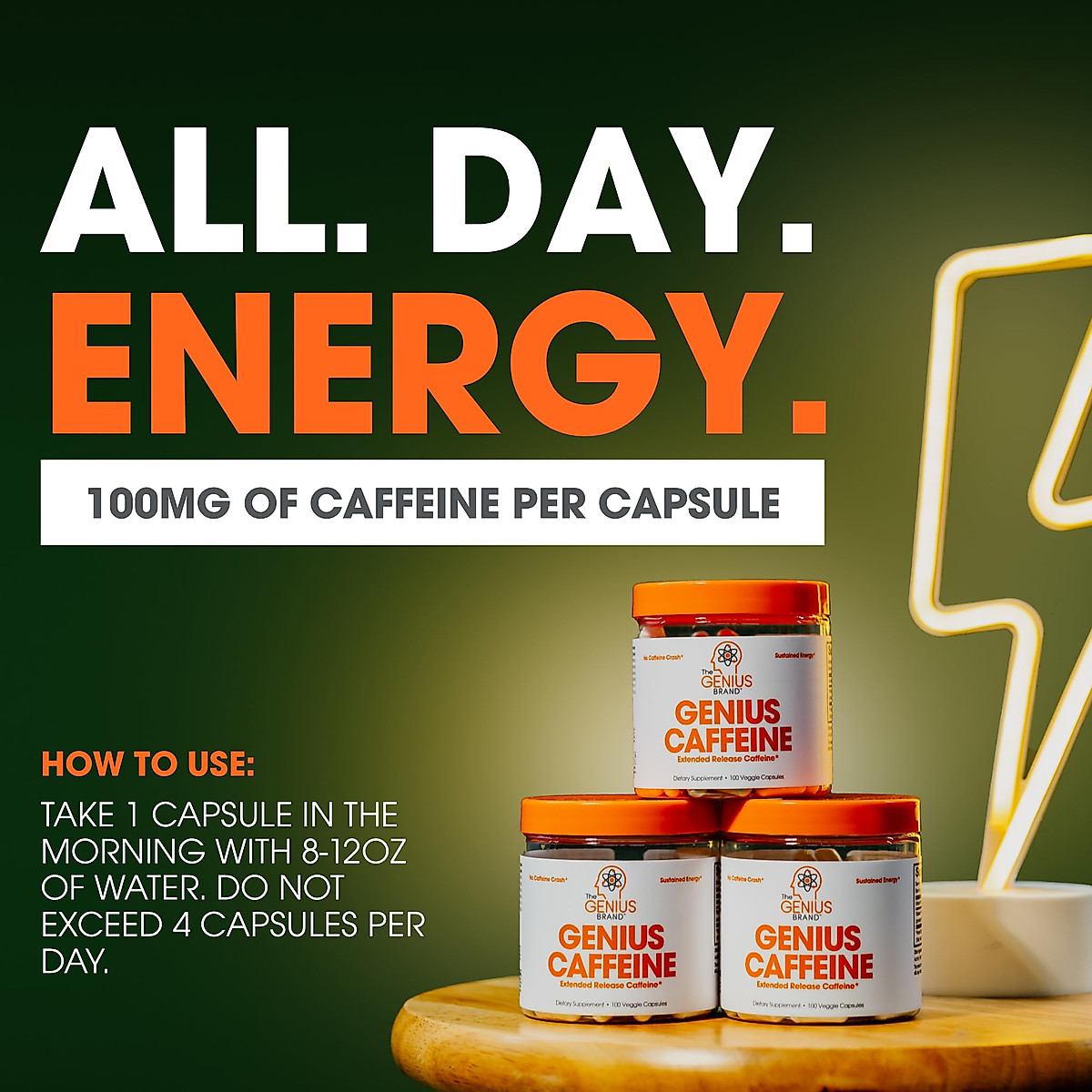 Genius Caffeine Pills 100mg, Extended-Release Microencapsulated Caffeine Pills - All-Natural Non-Crash Sustained Energy, Focus & Concentration Supplement - Nootropic Brain Booster - 100 Capsules