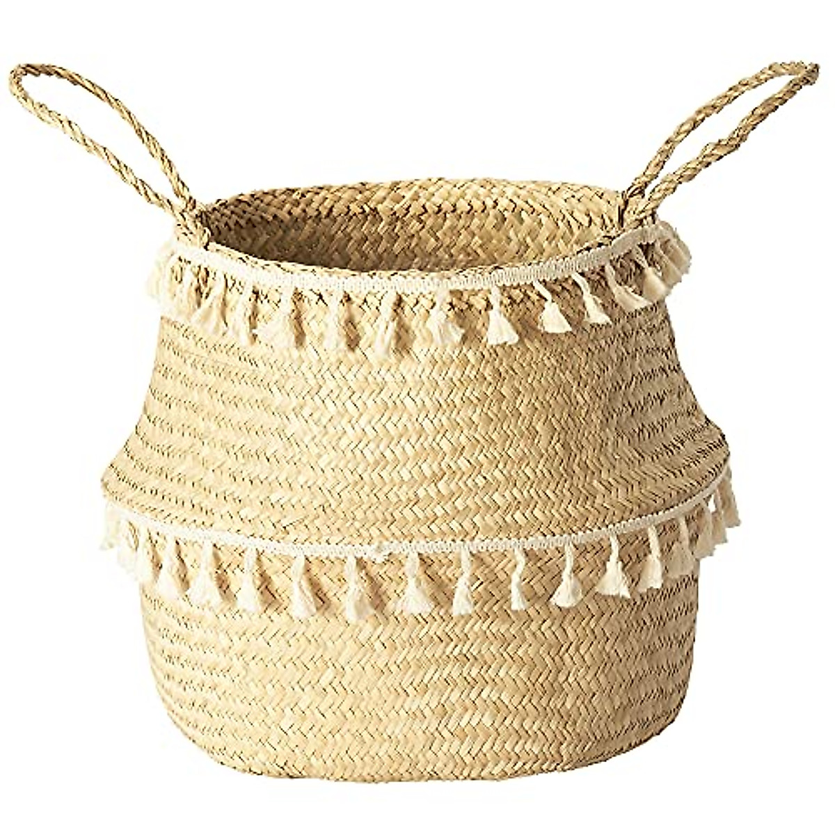 Artera Woven Seagrass Plant Basket - Wicker Belly Basket Planter Indoor with Plastic Liner and Handles, Natural Plant Pot for Fiddle Leaf Fig Tree, Snake Plant (XXL, Natural with Tassel Macrame)