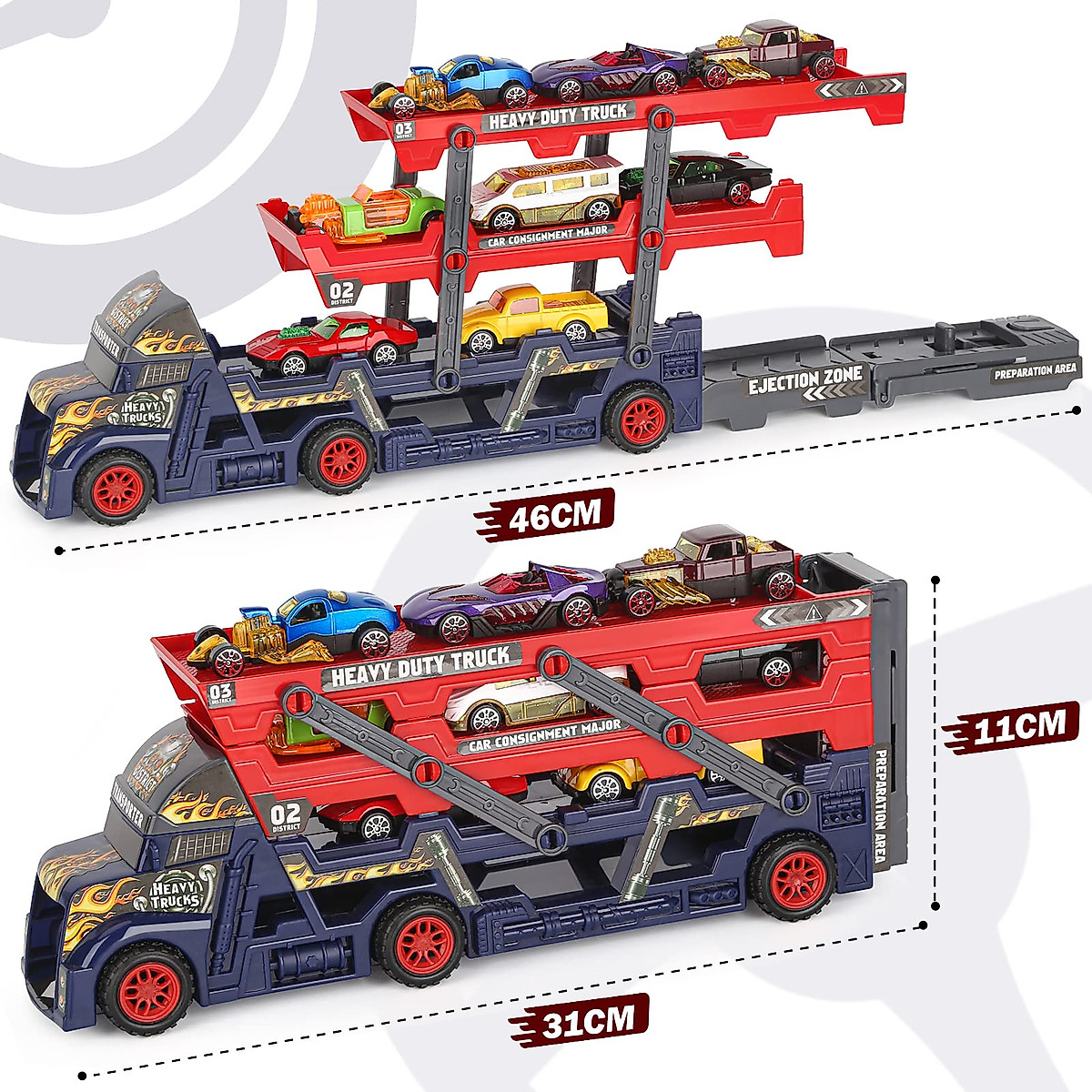 Aoskie Transport Car Carrier Truck Toy for Boys and Girls, Hauler Launch Vehicles Play Set with Mini Cars and Road Signs