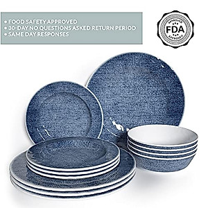 Barnyard Designs 12-piece Melamine Dinnerware Set, Durable Chip-Resistant Dishware for Indoor/Outdoor Use, Farmhouse Dishes, Service for 4, Denim Blue, (Dinner Plate: 11”, Salad Plate: 8.5”, Bowl: 7”)