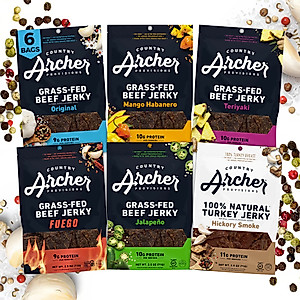 Beef and Turkey Jerky Variety Pack by Country Archer, 6 Flavors, 100% Grass Fed, 100% Natural, High Protein Snacks, 2.5 Ounces, 6 Pack (Packaging May Vary)