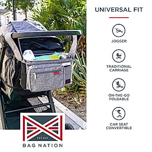 Bag Nation Universal Stroller Organizer Caddy Featuring Cup Holders, Large Main Pocket Compatible with Uppababy, Baby Jogger, Britax, Bugaboo, BOB, Umbrella and Pet Stroller - Grey