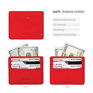 grande 3633 Genuine Leather Card Holder For Women and Men Super Slim Minimalist Small Snap Wallet (Red)