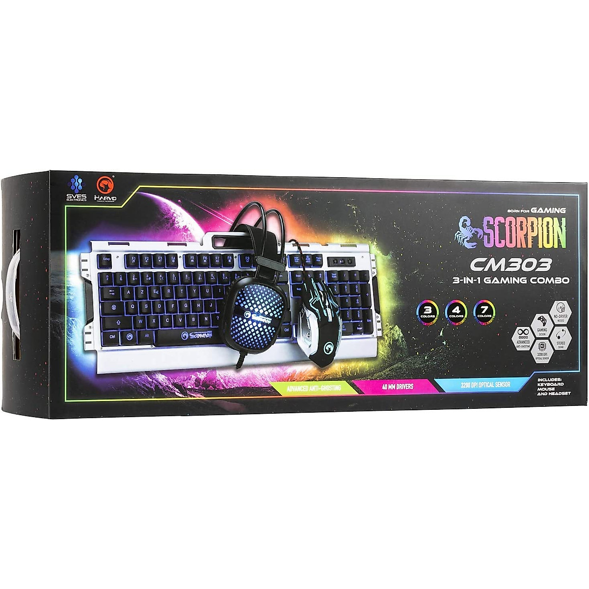 Ultimaxx Marvo CM303 Scorpion 3-in-1 Backlit Gaming Combo - Includes: Full Size Keyboard, Mouse & Headset Plus Deluxe Cleaning Kit