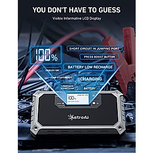 AstroAI Car Jump Starter, 2000A 12V 8-in-1 Battery Jump Starter, Up to 7.0L Gas & 3.0L Diesel Engines, 18000mAh Quick Charge 3.0 Power Bank, Informative LCD Screen with Cigarette adapter, Jumper Cable