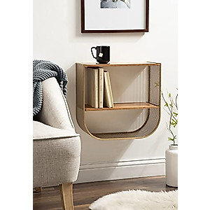 Kate and Laurel Urso Arch Floating Side Table, 20 x 19, Gold, Modern Geometric Wood and Metal Shelf