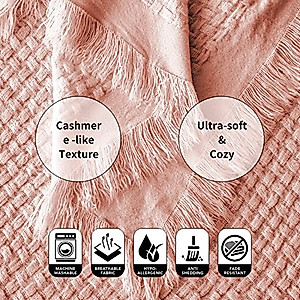 CozeCube Boho Throw Blanket for Couch, Mauve Throw Blanket, Basket Weave Waffle Throw Blanket, Farmhouse Lightweight Throw Blanket with Fringe, Blush Pink, 50'' x 60''