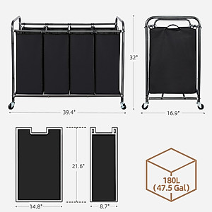 STORAGE MANIAC Laundry Sorter 4 Section, Hamper with Wheels and Removable Bags, Black