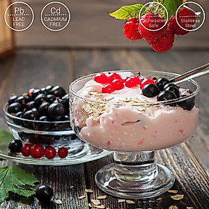 Glasia Set of 6 Glass Ice Cream Bowls and 6 Stainless Steel Spoons | Small Dessert Cups for Parfait Sundae Snacks Fruit | Mini Footed Trifle Tasters with Spoon