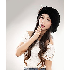 URSFUR Winter Women's Rex Rabbit Fur Beret Hats with Fur Flower (Black)