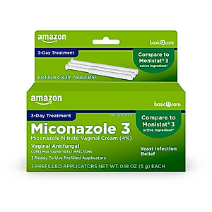 Amazon Basic Care Miconazole Nitrate Vaginal Cream (4 Percent), 3-day Yeast Infection Treatment for Women, 0.18 ounce - 3 Count(Pack of 1)