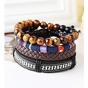 LOLIAS 18Pcs Leather Chakra Bead Tribal Bracelet for Men Women Charm Ethnic Wood Beaded Hemp Bracelets Boho Wristbands