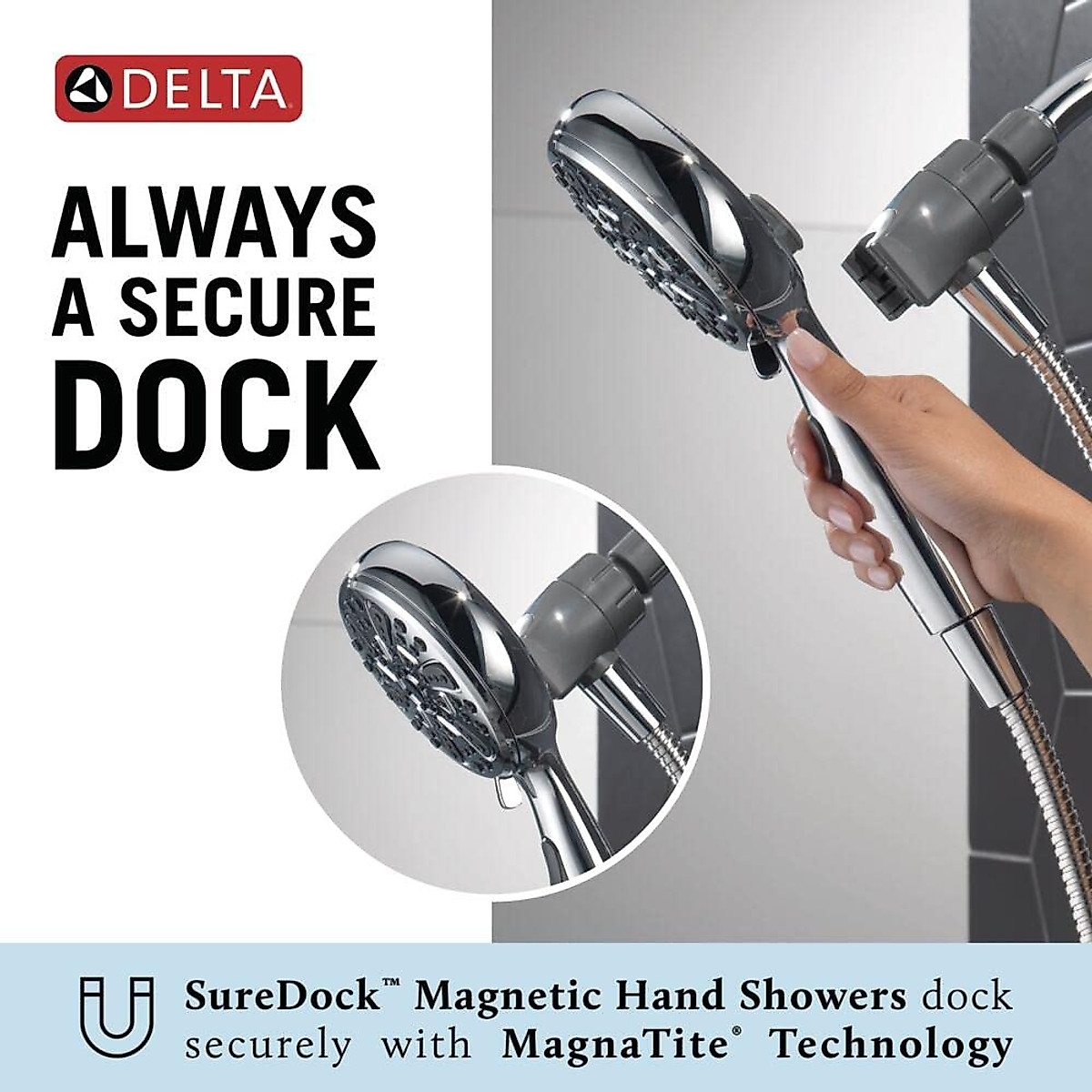 Delta Faucet 6-Setting SureDock Magnetic Shower Head with Handheld Spray, Chrome Shower Head with Hose, Round Shower Head, Showerheads & Handheld Showers, MagnaTite Docking, Chrome 75609