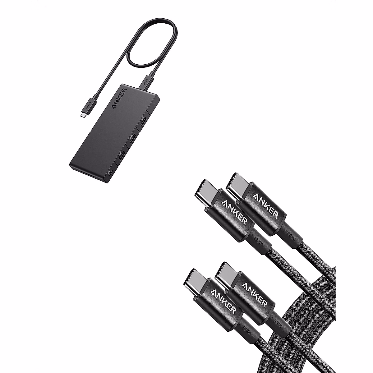 Anker 364 USB C Hub (10-in-1, Dual 4K HDMI) with Max 100W Power Delivery, Dual 4K@60Hz HDMI Ports, 4 USB-A and USB-C Data Ports & 333 USB C to USB C Cable (6ft 100W, 2-Pack)