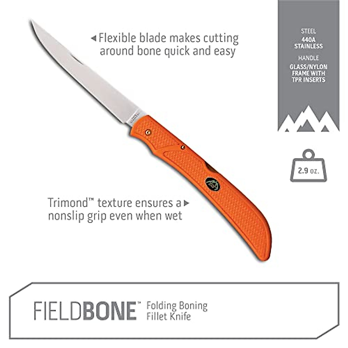 OUTDOOR EDGE Fish & Bone - Folding Fillet Knife with 5.0" 440A Stainless Steel Blade for Fish and processing big game - Pocket Clip (Orange)