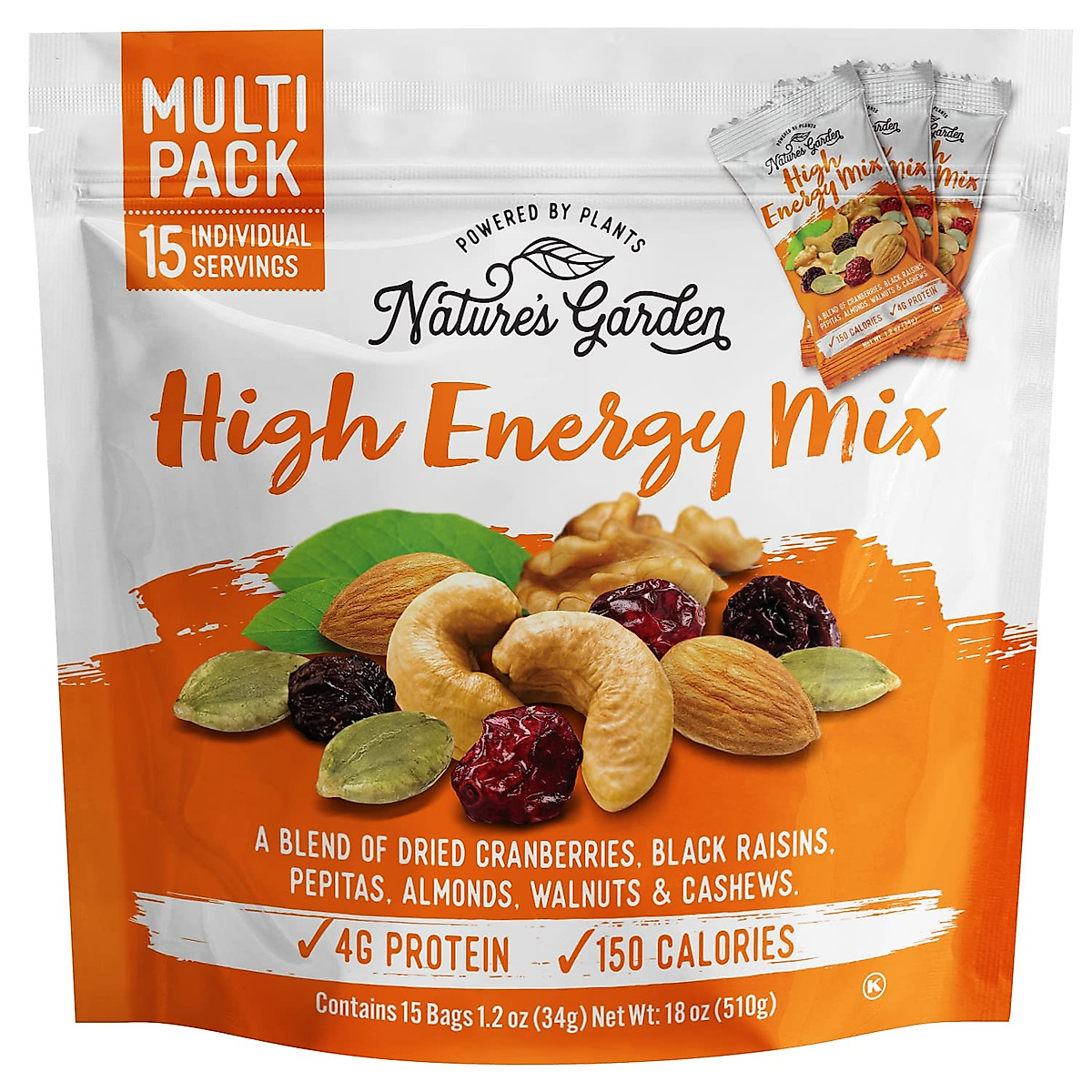 Nature's Garden High Energy Mix, Deluxe Mixed Nuts, Energy Boost, High Energy Trail Mix, Cranberries, Raisins, Almonds, Walnuts, Cholesterol Free, Sodium Free, No Artificial Ingredients – 1.2 Oz Bags (15 Individual Servings)