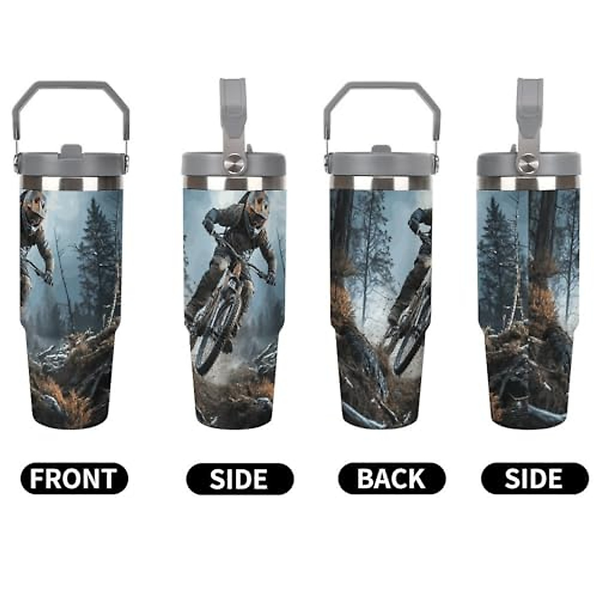 Mountain Bike Tournament 30oz Stainless Steel Insulated Tumbler with Straw & Foldable Handle - Leakproof, Double-Wall Vacuum Travel Thermos for Hot/Cold Drinks, Non-Slip Base, Fit Cup Holders
