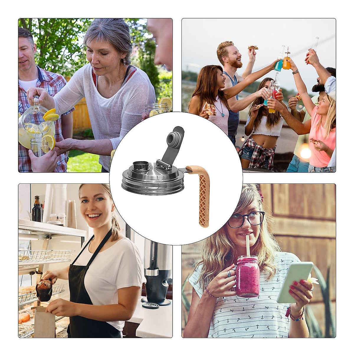 Generic 2 Mason Jar Pour Spout Lid, 86mm Stainless Steel Mason Jar Lids With Handle, Mason Jar Pitcher Lid With fl-ip Cap Pouring Spout, Portable Travle Drinking Lid, IA14BWGB6F3V86LMHDF