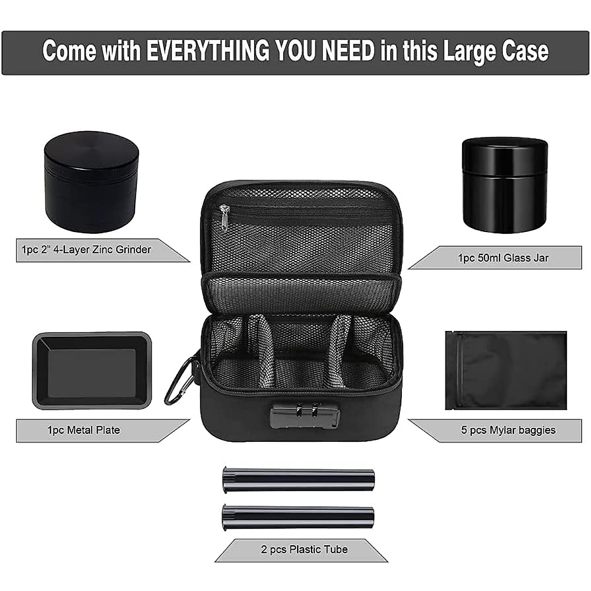 Egooz Large Smell Proof Stash Bags with 5 items - Waterproof Smell Proof Box Case for Travel and Home, Smell Proof Containers Box for Storing Your Products, Black