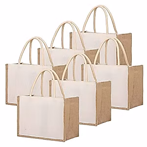 TOPTIE 6 PCS Cotton Canvas Tote Bags with Burlap Sides, Reusable Grocery Shopping Bag Gift Bag