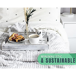 Rustic Wooden Serving Trays with Handle - Set of 2 - Large and Small Nesting Multipurpose Trays - for Breakfast, Coffee Table/Butler & More - Rustic White
