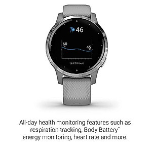 Garmin vivoactive 4S, Smaller-Sized GPS Smartwatch, Features Music, Body Energy Monitoring, Animated Workouts, Pulse Ox Sensors and More, Silver with Gray Band (Renewed)