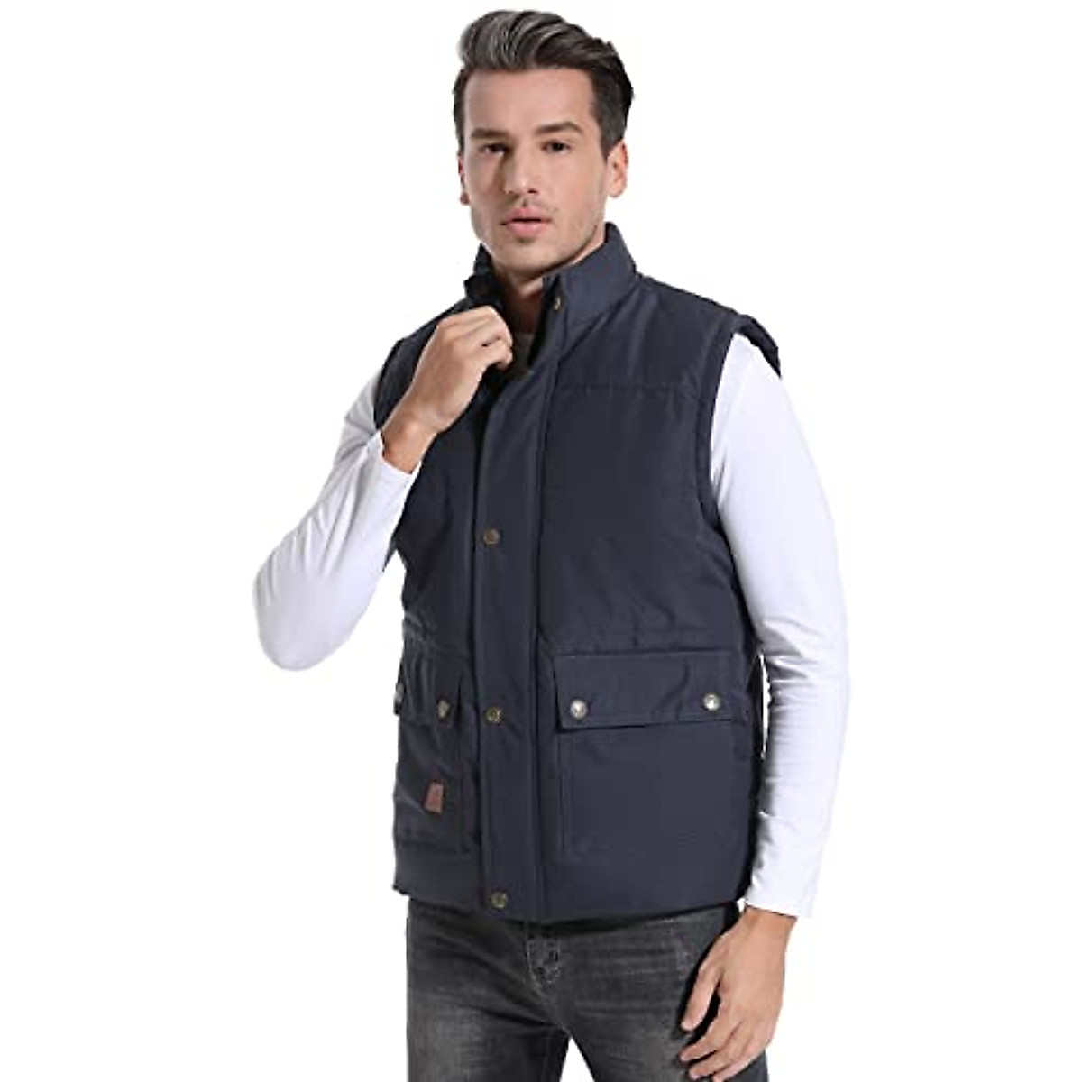 Flygo Men's Winter Warm Outdoor Padded Puffer Vest Thick Fleece Lined Sleeveless Jacket (Blue 2XL)