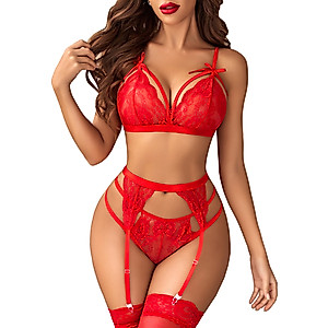 Avidlove Women Lingerie Set Lace Teddy Strap Babydoll Bodysuit with Garter Belts Red Medium