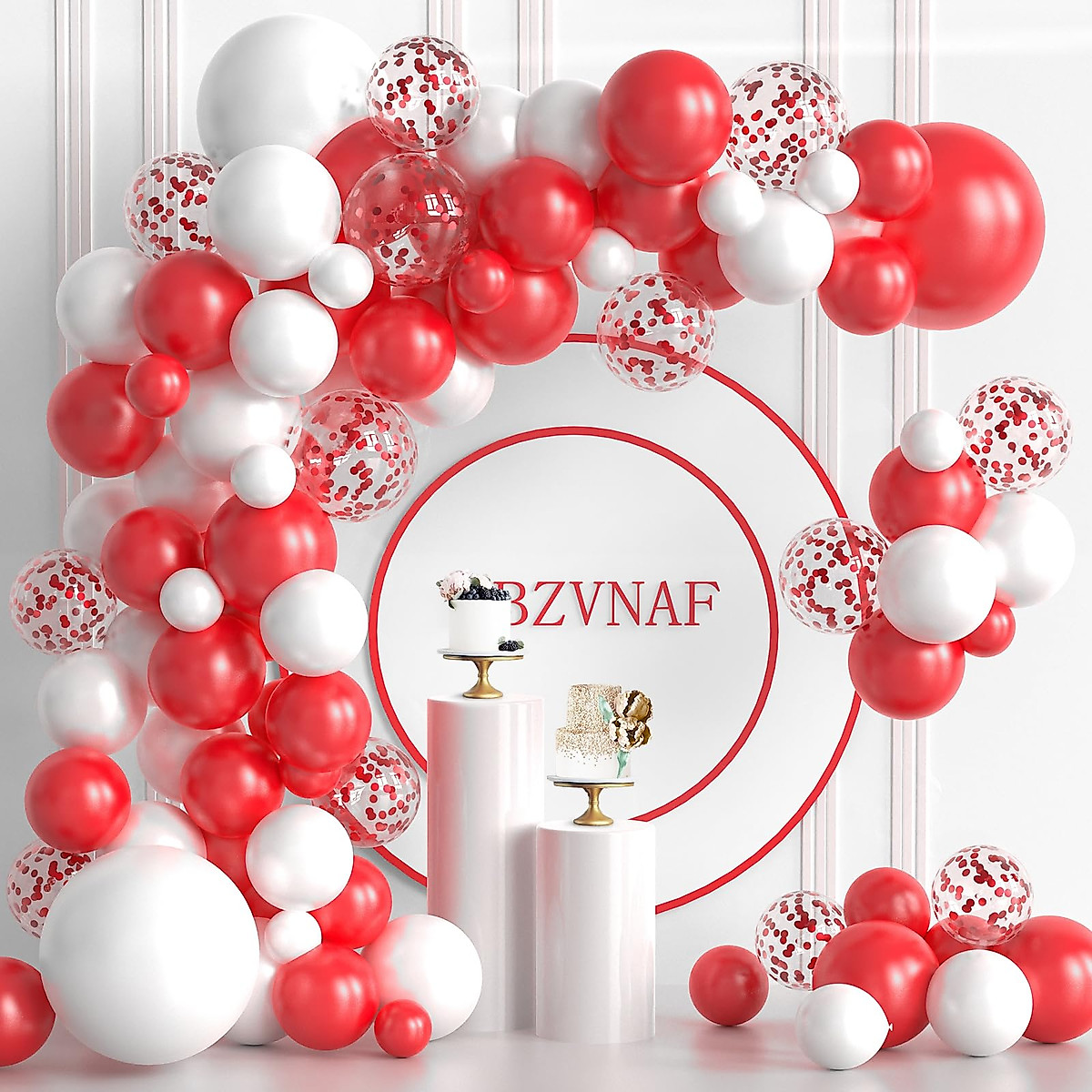 KBZVNAF Red White Balloons Garland Kit - 124Pcs Red White and Red Confetti Latex Balloons Arch for Wedding, Anniversary, Baby Shower, Birthday, Christmas Party Decorations