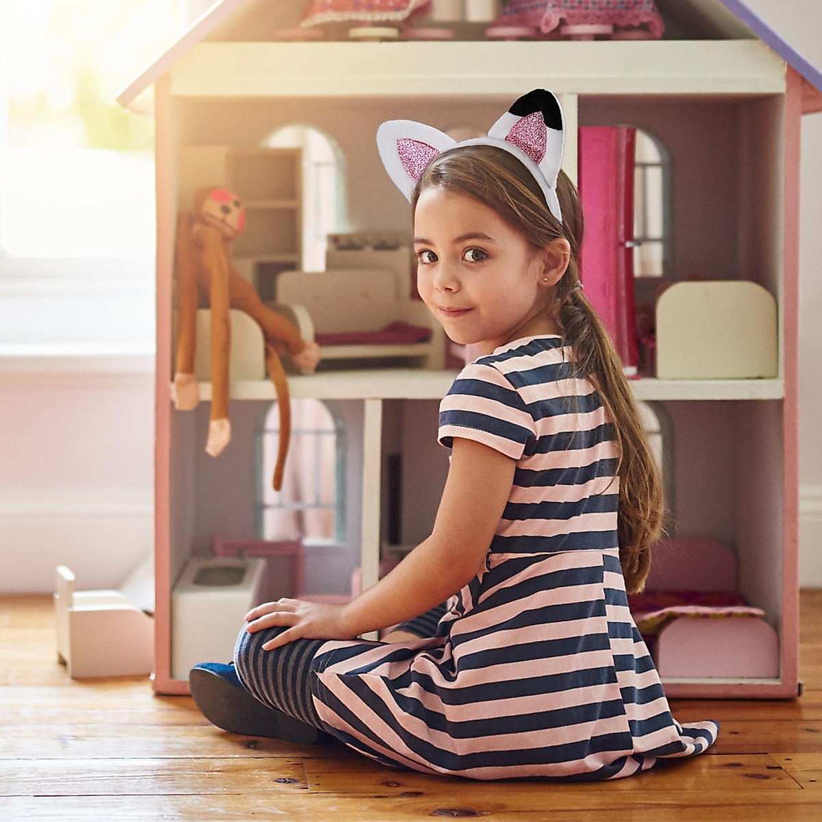 Creatoy Cat Ears Headbands, 4pcs Dollhouse Birthday Party Accessories, Flannel Cartoon Cosplay Headpiece, Glitter Hair Clips for Girls Halloween Supplies