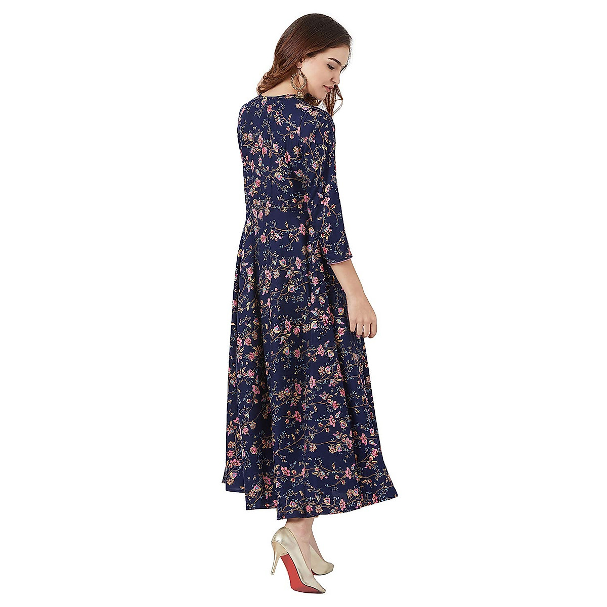 Tissu Women's Navy Blue & Pink Floral Printed Flared Kurta (Blue_S)