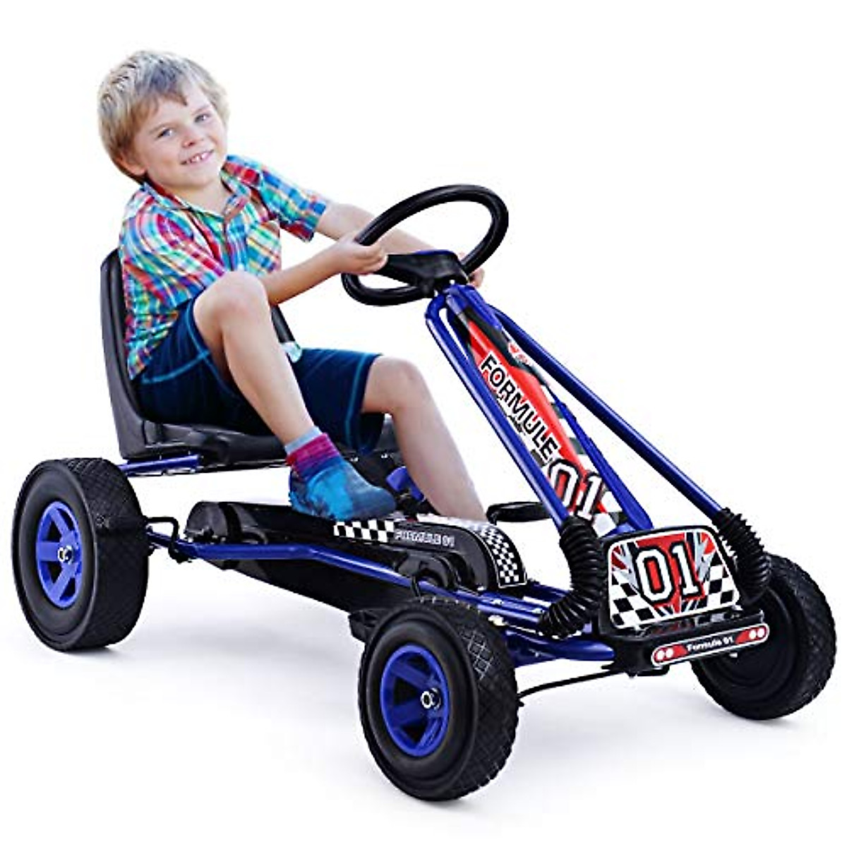 HOMGX Pedal Go Kart, Outdoor Kids Off-Road Pedal Go Kart with 2-Position Adjustable Bucket Seat, 4 Steering Wheel, 2 Safety Brakes, EVA Rubber Tires, Pedal Powered Ride On Kart for Boys, Girls (Blue)