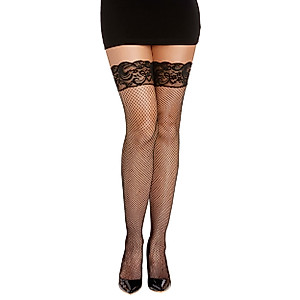Dreamgirl Women’s Fishnet Thigh High Stockings with Silicone Lace Top and Back Seam