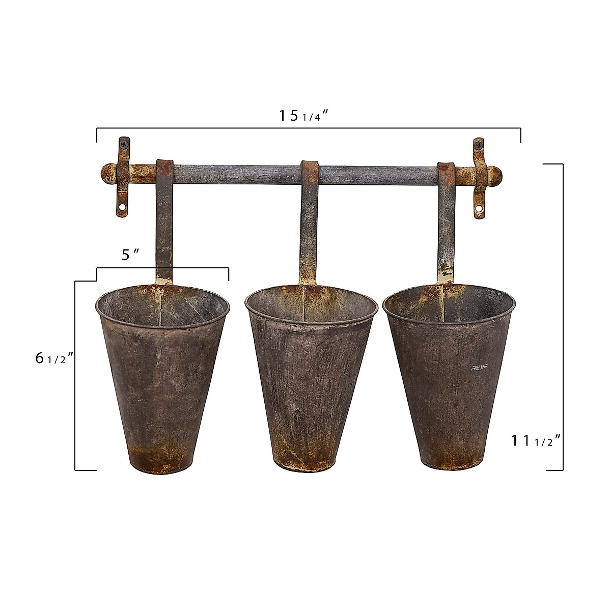 Creative Co-Op Antiqued Metal Wall Rack with 3 Hanging Tin Pots
