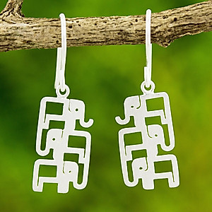 NOVICA Artisan Handmade Sterling Silver Dangle Earrings Brushed Threeelephant Thailand Animal Themed [1.3 in L x 0.4 in W] ' Elephant Pyramid'