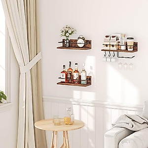 HOOBRO Wall Mounted Wine Rack 3 Pack, Wine Shelf Hanging Floating Wall Shelves, Wine Glass Bottle Rack Stemware Holder, for Living Room, Dining Room, Kitchen, Rustic Brown and Black BF33BJ01