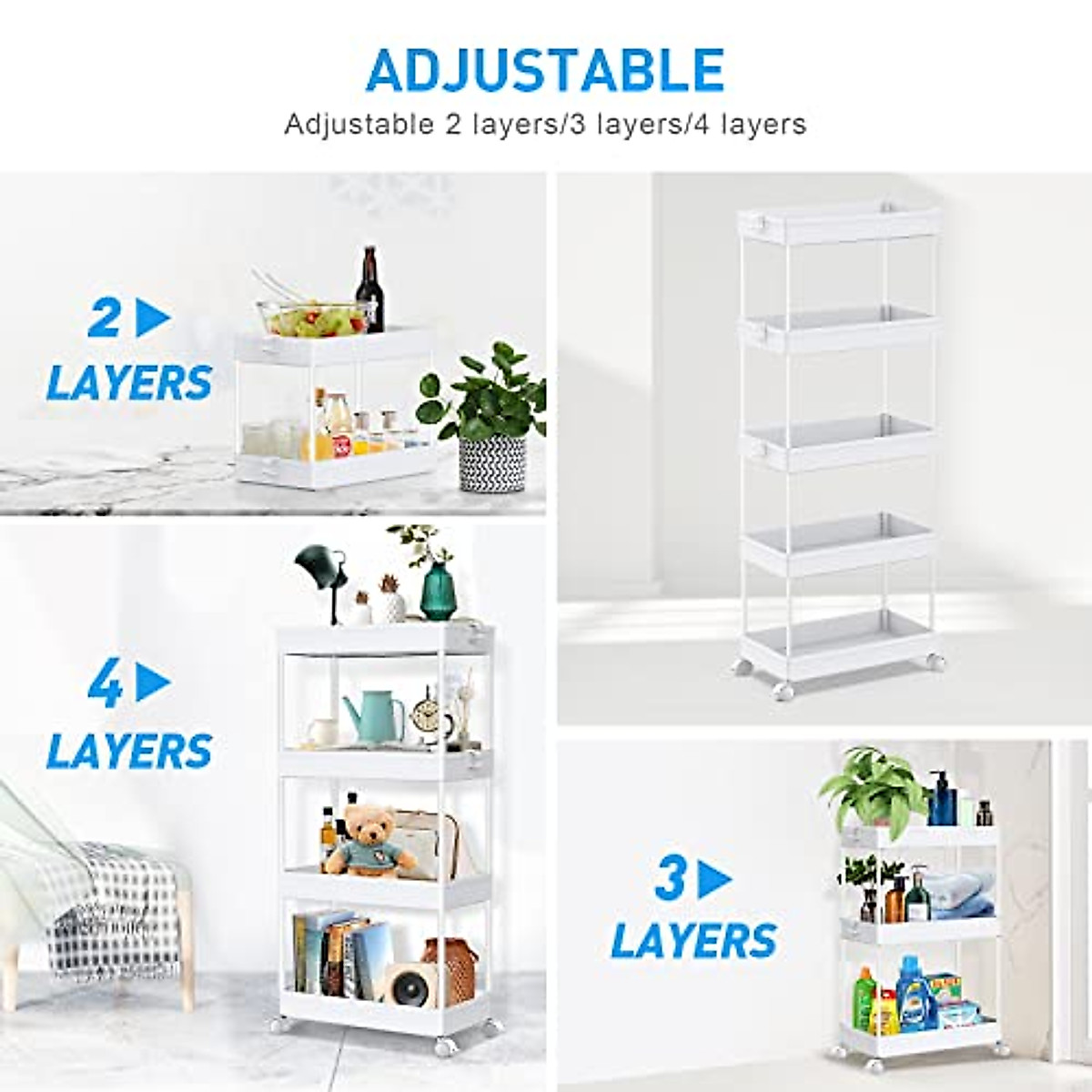 SPACEKEEPER 5-Tier Storage Cart, Bathroom Storage Organizer Rolling Utility Cart, Mobile Shelving Unit Slide Out Storage Shelves for Kitchen Living Room Bathroom Laundry Room & Dressers, White