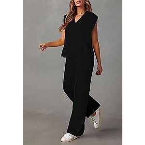 Pink Queen matching sets for women 2 Piece Cap Sleeve Sweater Knit Pullover Top Wide Leg Pants Matching Sets Black S