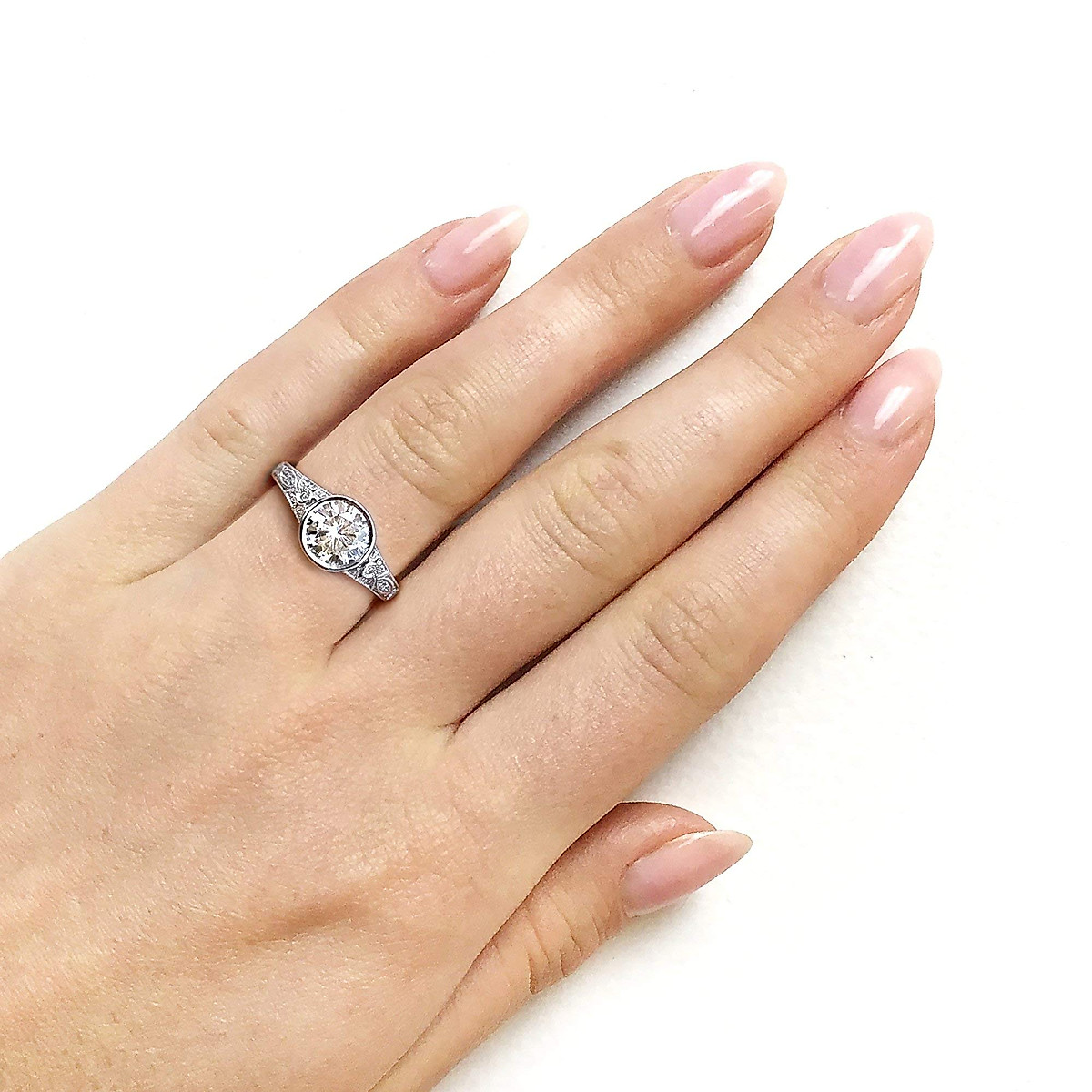 Kobelli Round Moissanite Bezel Vintage Style Engagement Ring 1 CTW in 14k White Gold, Size 7, White Gold