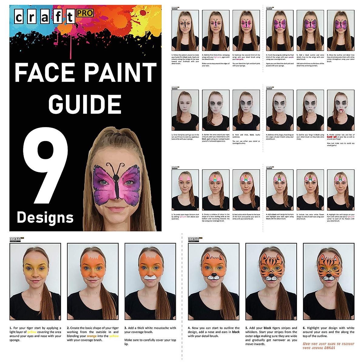 Craft Pro - Kids Face Paint Kit - Vegan + Cruelty Free (Non-Toxic). Includes Guidebook, Applicators, Stencils. Easy ON Easy Off (Water Activated Body Paint)