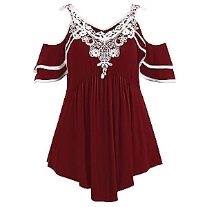 Women's Plus Size Tiered Lace Appliques Cold Shoulder V-Neck T-Shirt Tops Shirt(Red, XXXXXL)