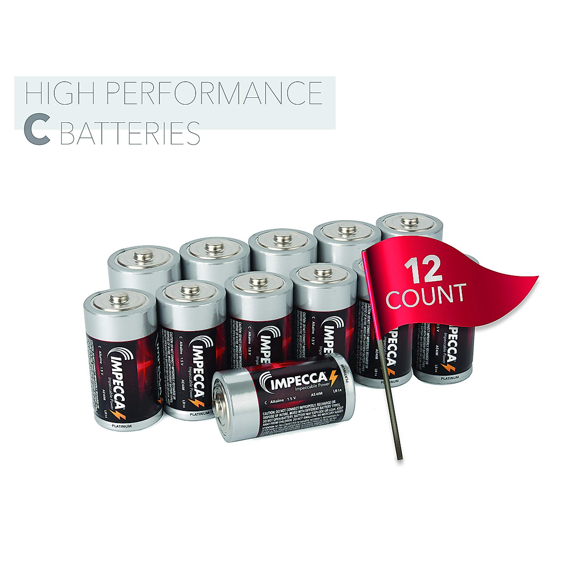 Impecca C Batteries High-Performance Alkaline C Cell Battery with A 10 Year Ultra Long Lasting Shelf Life Leak Resistant 1.5V All-Purpose Batteries Platinum Series, 12-Pack