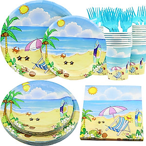 Decodinli Beach Party Supplies Serves 25, Beach Party Decorations, Beach Paper Plates and Napkins Set, Beach Birthday Plates, Summer theme Beach Pool Party, Disposable Beach Baby Shower Tableware Set.