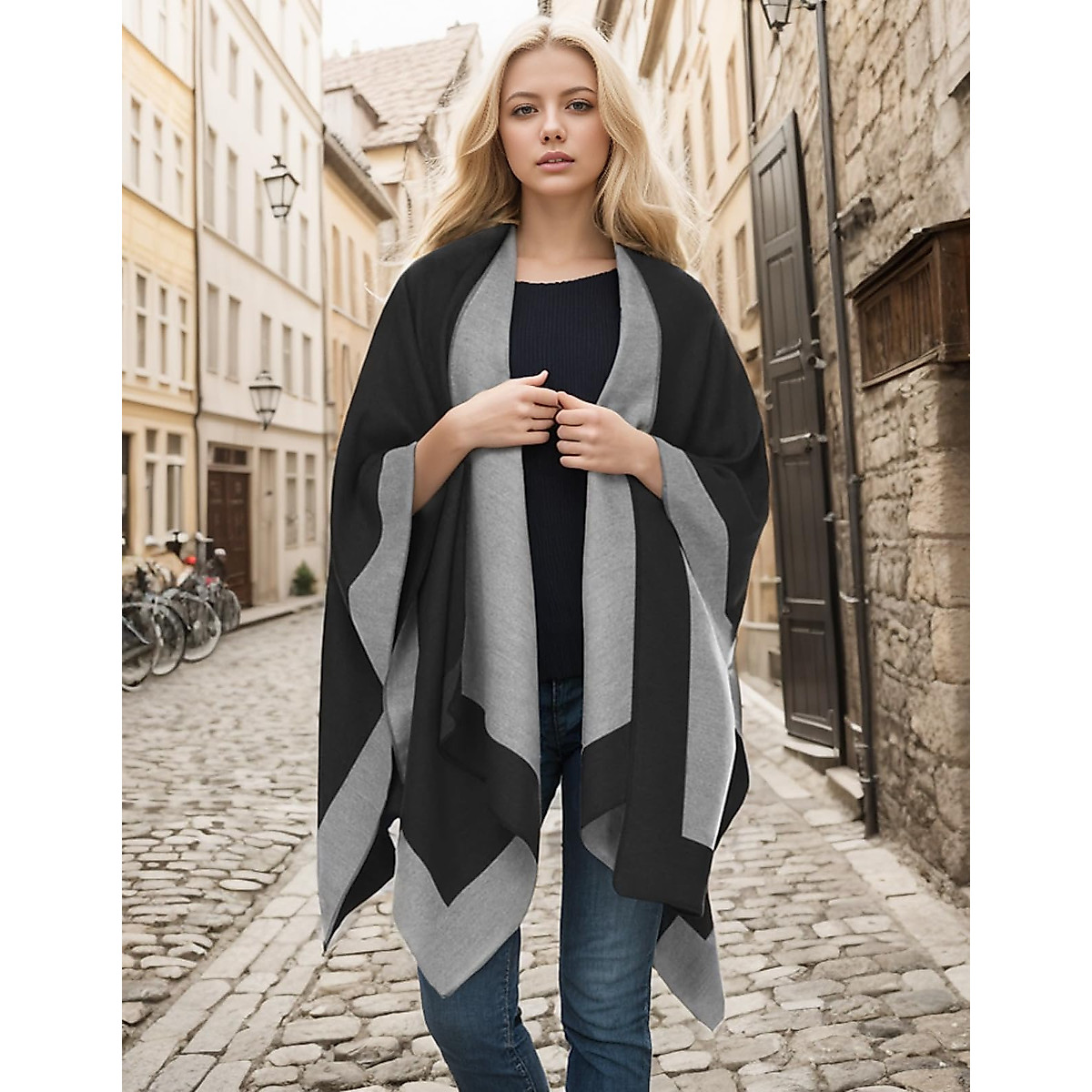 OWIF Women's Shawl Wraps Open Front Poncho Cape Oversized Sweaters Casual Cardigan Shawls for Fall Winter, Border Design-01-Black Gray