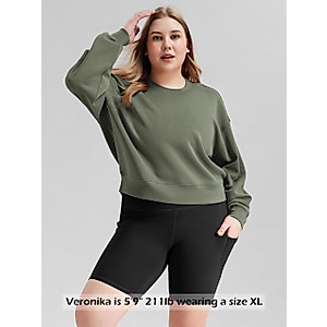ODODOS Modal Soft Long Sleeve Cropped Sweatshirts for Women Oversized Crew Neck Pullover Crop Top, Dark Sage, Large